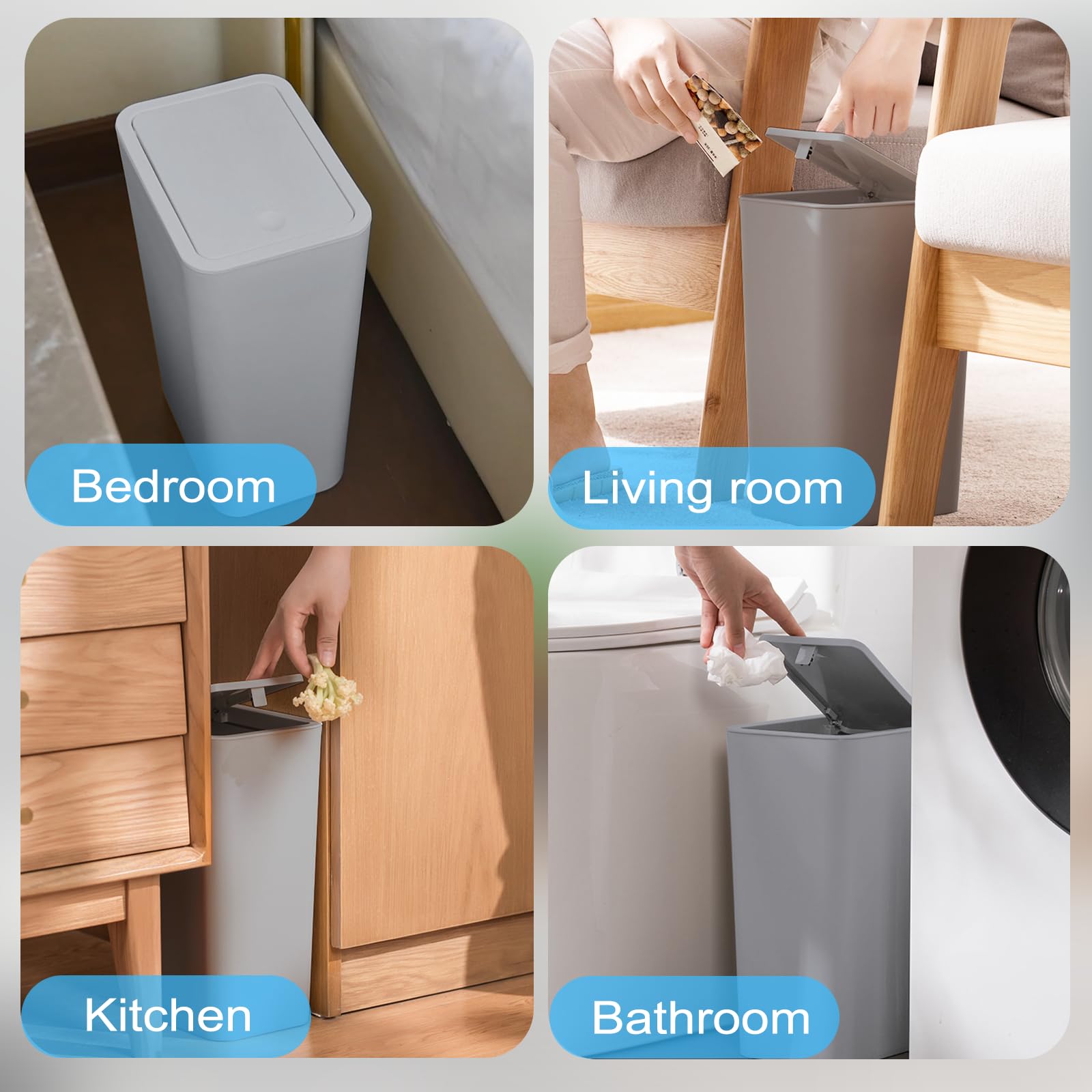RTWDKFQ 3 Pack Bathroom Small Trash Can with Lid,10L / 2.6 Gallon Slim Garbage Bin Wastebasket with Pop-Up Lid for Bedroom, Office, Kitchen,Dorm, Fits Under Desk