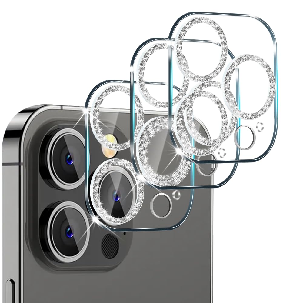 OUYTEU 3*Pack(Silver Diamond) Camera Lens Protector Glass for iPhone 15 Pro and iPhone 15 Pro Max, Ultra HD, Anti-Scratch,Case Friendly,Easy Install,Compatible iPhone 14 Pro and iPhone 14 Pro Max