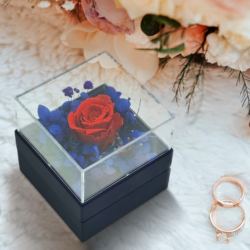YAGELI Preserved Flower Ring Box for Wedding Ceremony - Acrylic Square Jewelry Box Double Ring Display Case Holder for Valentine's Day, Mother's Day, Gift for Her