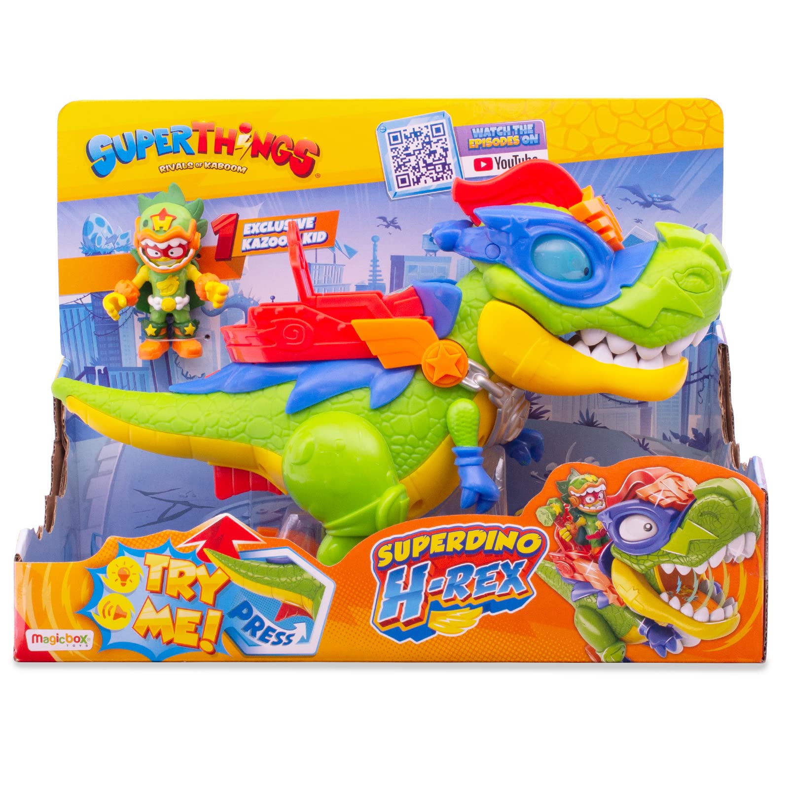 SUPERTHINGS RIVALS OF KABOOM Superdino H-Rex, Jointed Dinosaur Hero Lights and Sounds, Includes 1 Kazoom Kid and 1 SuperThing