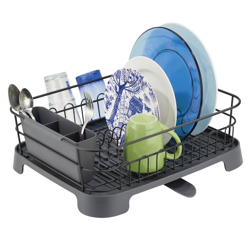 mDesign Alloy Steel Sink Dish Drying Rack Holder w/Plastic Swivel Spout Drainboard Tray - Dish Rack/Dish Drainer Storage Organizer for Kitchen Counter - Holds Plates, Concerto Collection, Copper/Clear