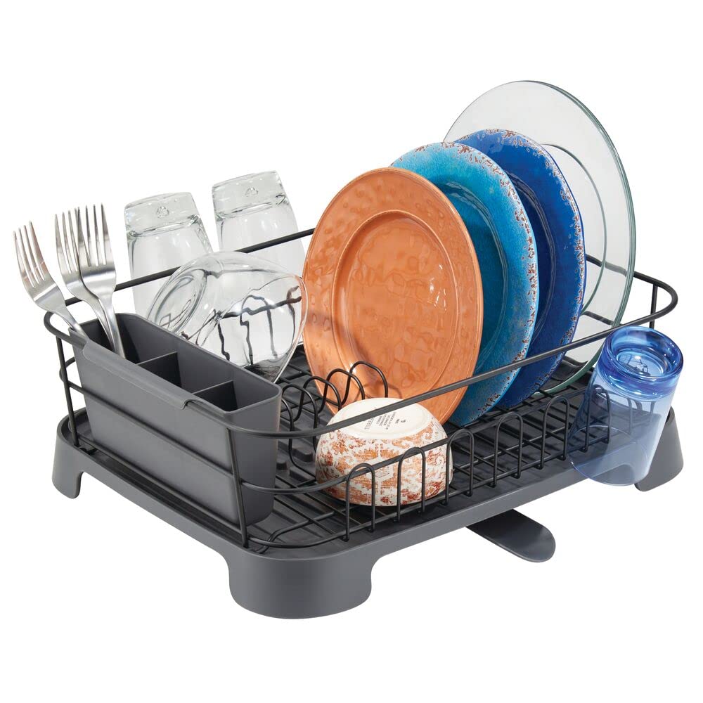 mDesign Alloy Steel Sink Dish Drying Rack Holder w/Plastic Swivel Spout Drainboard Tray - Dish Rack/Dish Drainer Storage Organizer for Kitchen Counter - Holds Plates, Concerto Collection, Copper/Clear