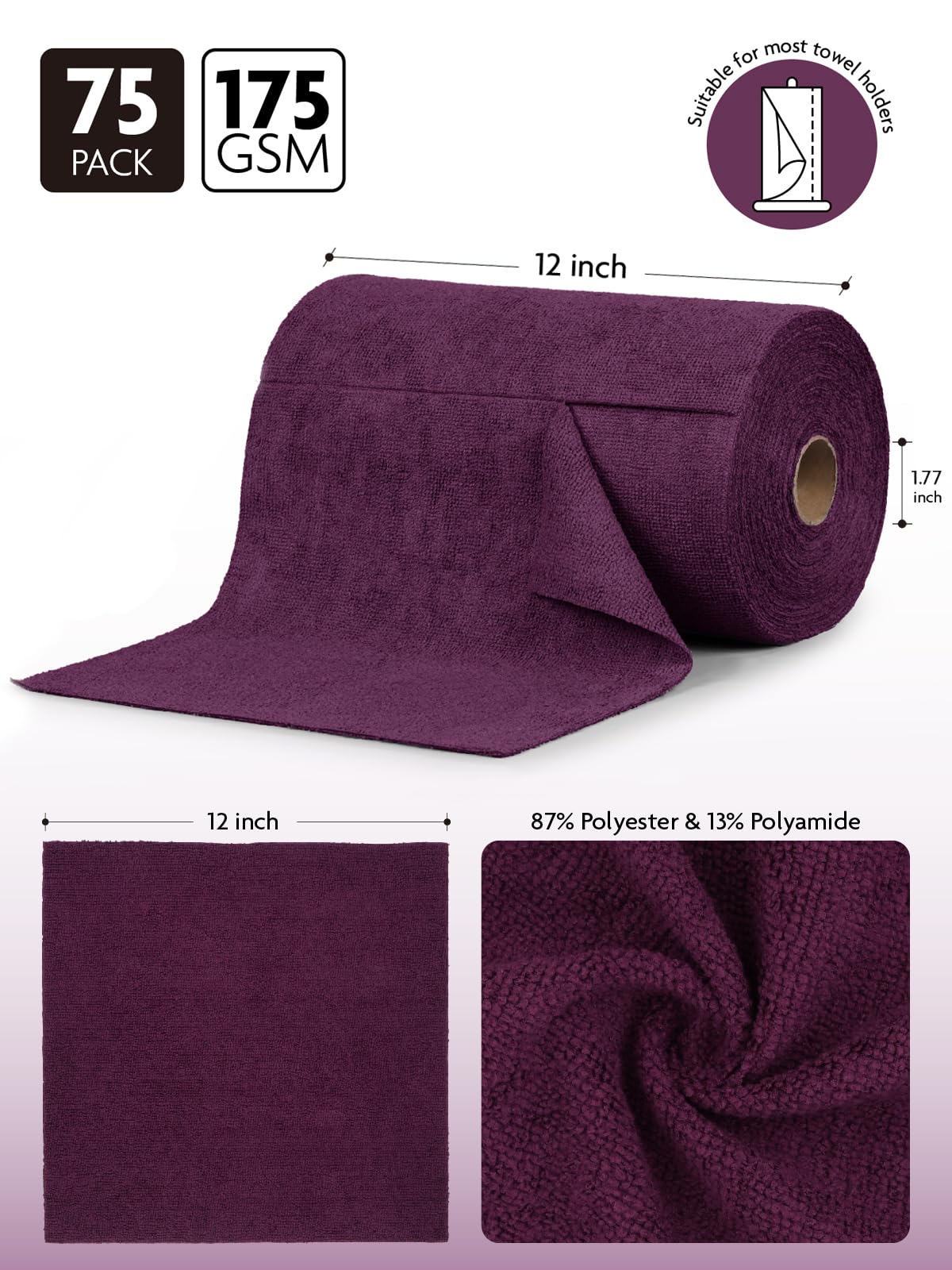 Fantasticlean Microfiber Cleaning Cloth Roll -75 Pack, Tear Away Microfiber Towels, 12" x 12", Reusable, Washable, Scratch Free, Ultra Absorbent Dish Rags for Car, Home, Garage or Shop (Dark Purple)