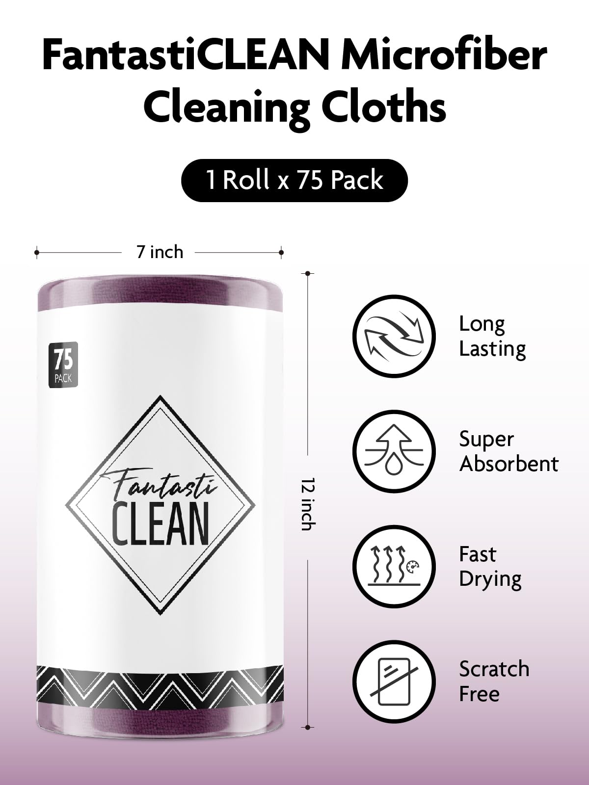 Fantasticlean Microfiber Cleaning Cloth Roll -75 Pack, Tear Away Microfiber Towels, 12" x 12", Reusable, Washable, Scratch Free, Ultra Absorbent Dish Rags for Car, Home, Garage or Shop (Dark Purple)
