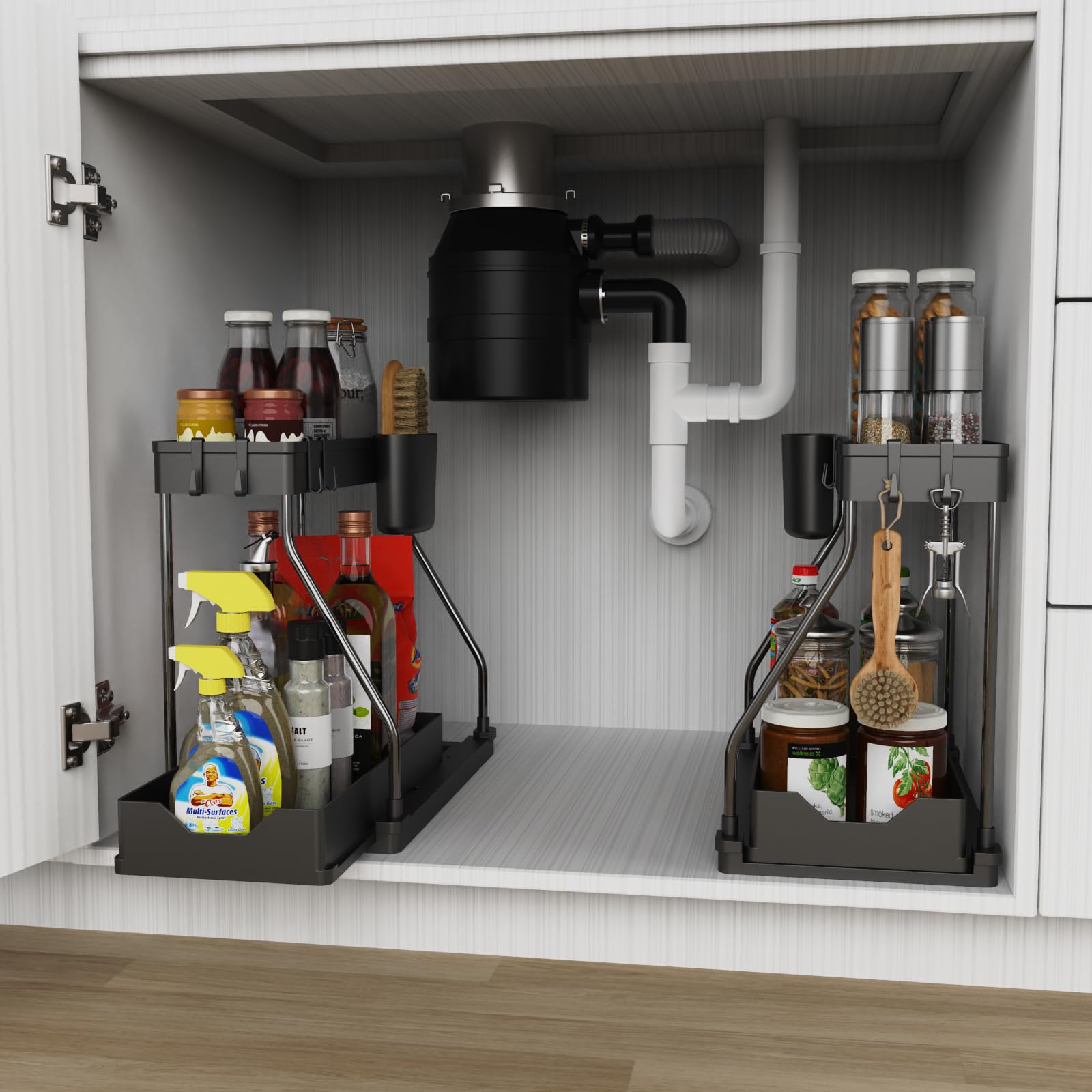Santoy 2 Pack Under Sink Organizers and Storage, L-Shaped Pull-Out Sink Bathroom Kitchen Organizer with Hooks and Hanging Cup, 2 Tier Under Sink Cabinet Baskets Shelf with Sliding Drawers，Black
