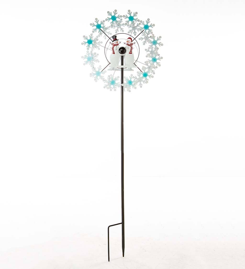 Plow & Hearth Christmas Holiday Winter Snowman and Snowflakes Metal Wind Spinner with Dual-Motion Rotors and Sectional Steel Pole with Ground Stakes in Powder-Coated Metal, 24" Dia. x 12" D x 75" H