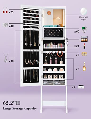 Nicetree Touch Screen LED Jewelry Organizer, Freestanding Full Length Mirror Jewelry Cabinet, Standing Mirror with Jewelry Storage, 2 Drawers, Foldable Makeup Shelf,White