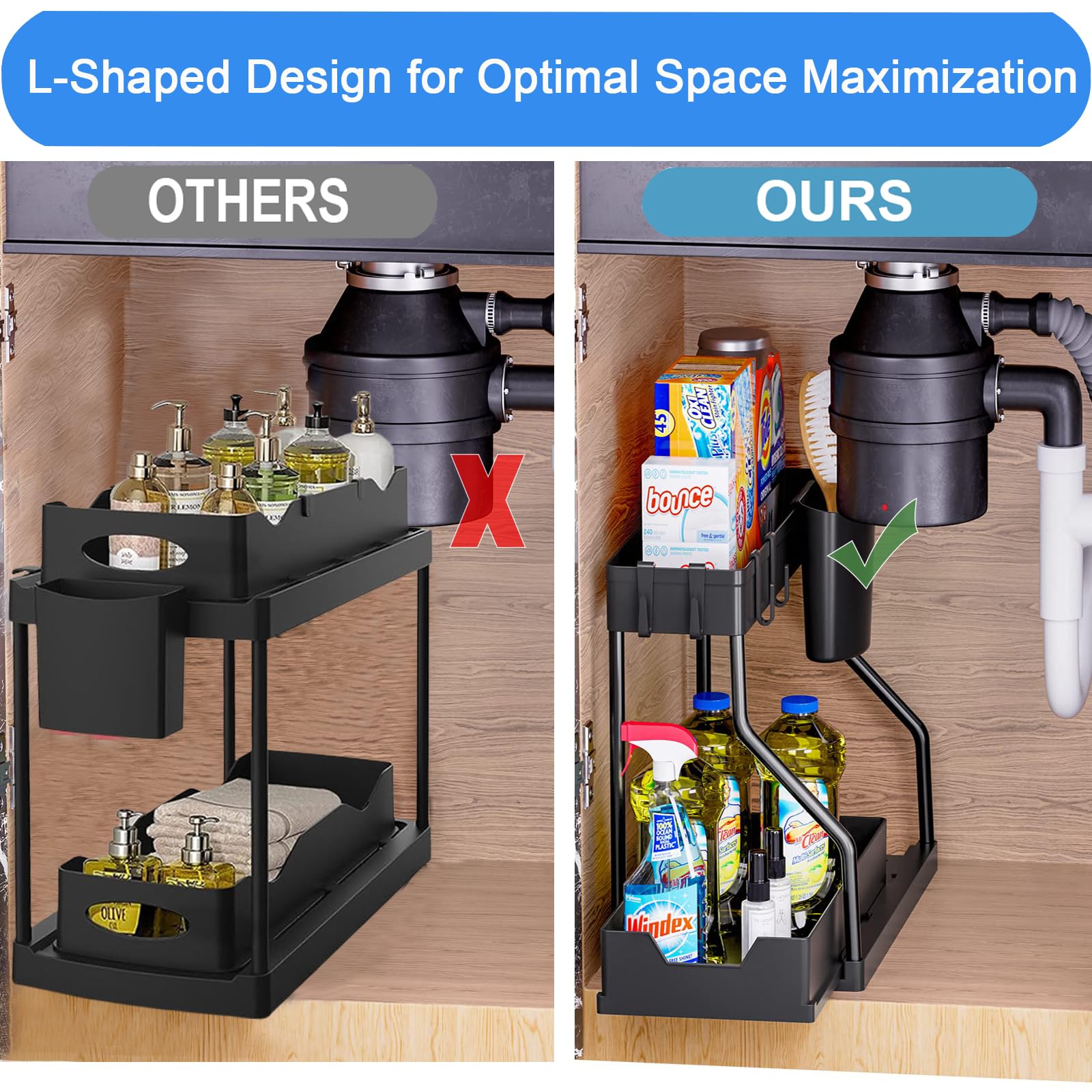 Santoy 2 Pack Under Sink Organizers and Storage, L-Shaped Pull-Out Sink Bathroom Kitchen Organizer with Hooks and Hanging Cup, 2 Tier Under Sink Cabinet Baskets Shelf with Sliding Drawers，Black