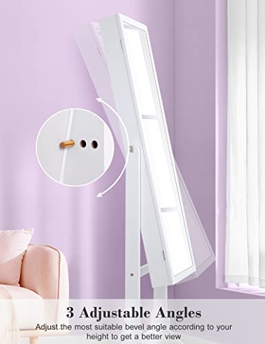 Nicetree Touch Screen LED Jewelry Organizer, Freestanding Full Length Mirror Jewelry Cabinet, Standing Mirror with Jewelry Storage, 2 Drawers, Foldable Makeup Shelf,White