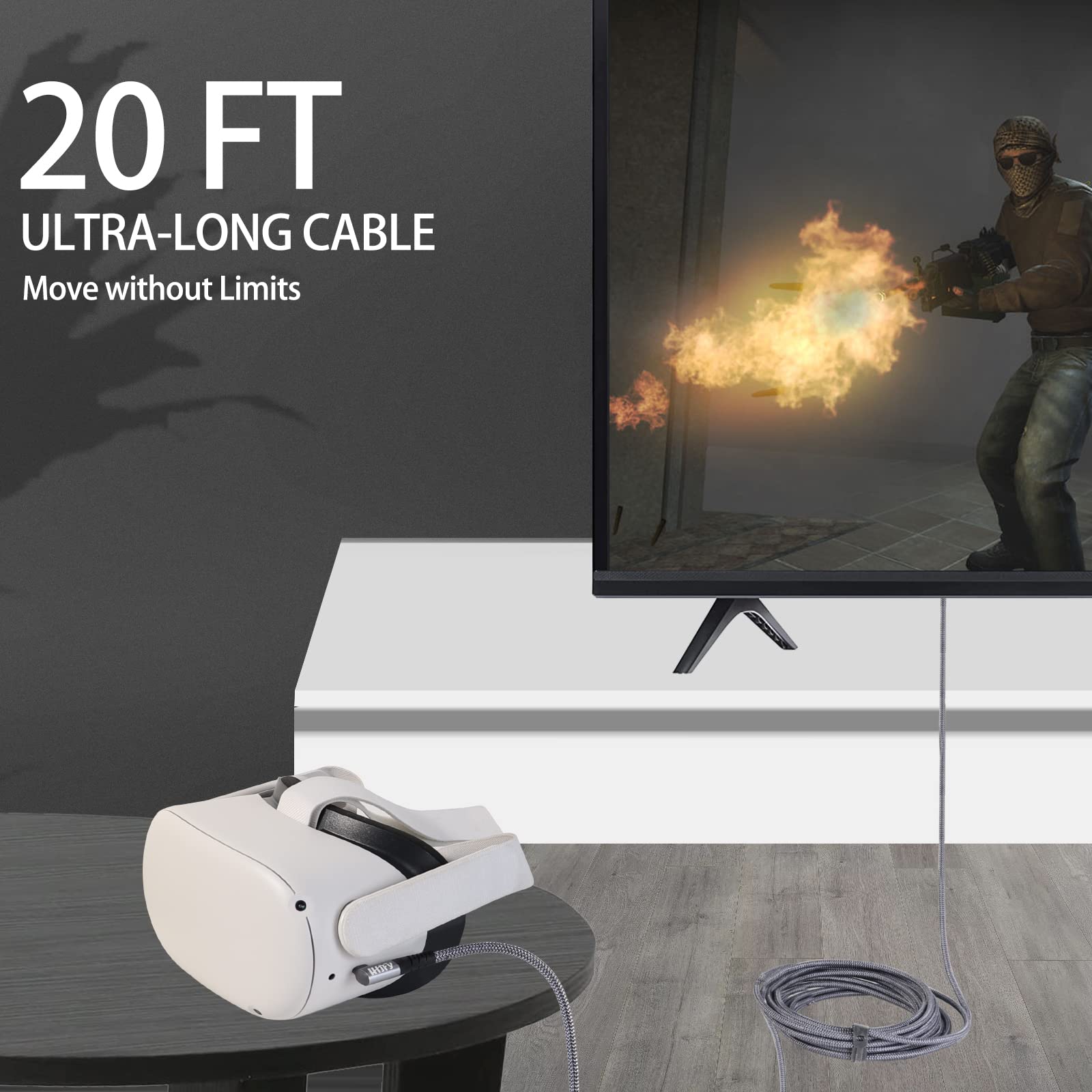 LHJRY Link Cable 20Ft Compatible with Quest2/Quest Pro/Pico 4 Accessories, PC/Steam VR, High Speed Data Transfer Cord, USB C to USB C Cable for VR Headset and Gaming PC