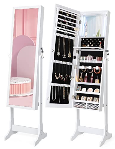 Nicetree Touch Screen LED Jewelry Organizer, Freestanding Full Length Mirror Jewelry Cabinet, Standing Mirror with Jewelry Storage, 2 Drawers, Foldable Makeup Shelf,White