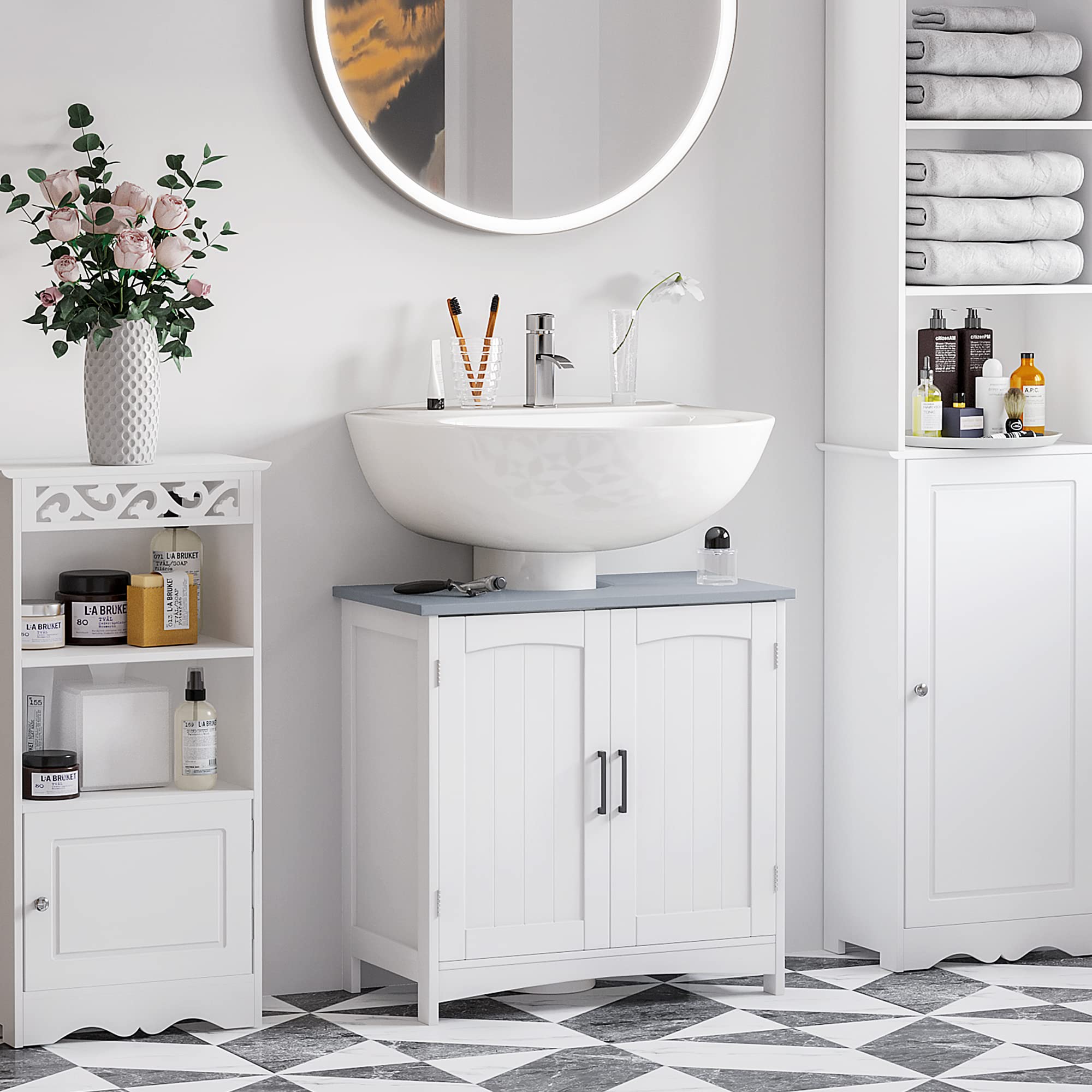 kleankin Pedestal Sink Storage Cabinet, Under Sink Cabinet with Double Doors, Modern Bathroom Vanity Cabinet with Adjustable Shelves, White