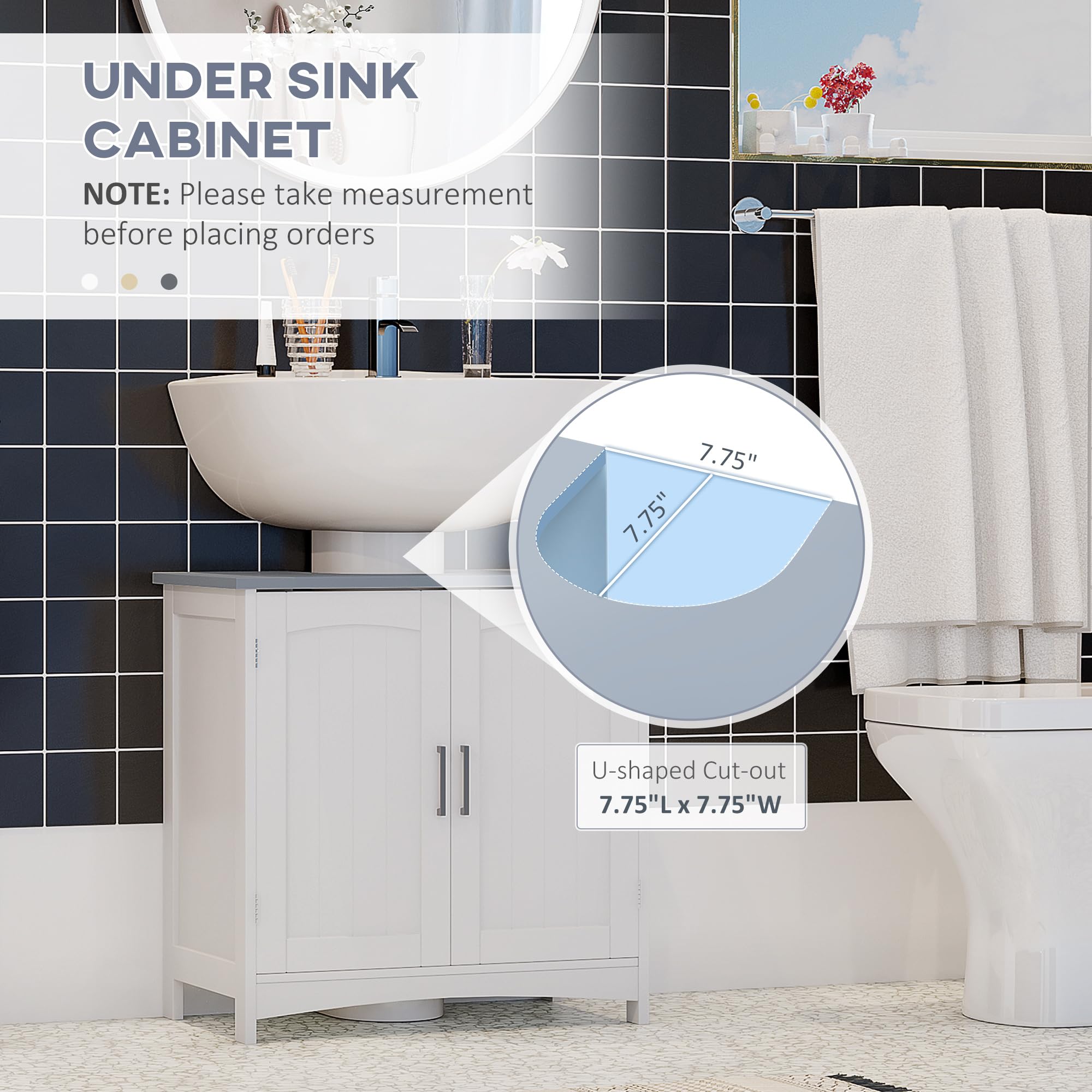 kleankin Pedestal Sink Storage Cabinet, Under Sink Cabinet with Double Doors, Modern Bathroom Vanity Cabinet with Adjustable Shelves, White