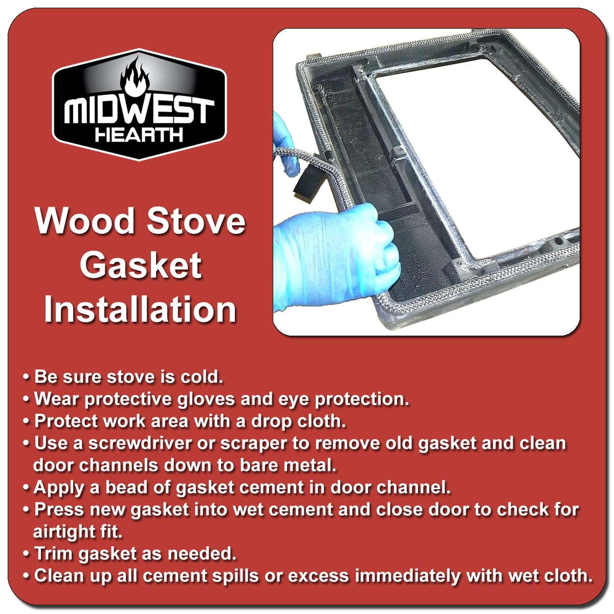 Midwest Hearth Wood Stove Replacement Gasket Kit for Woodburning Stoves - Graphite Impregnated Fiberglass Gaskets and Adhesive (7/8" x 84" Rope)