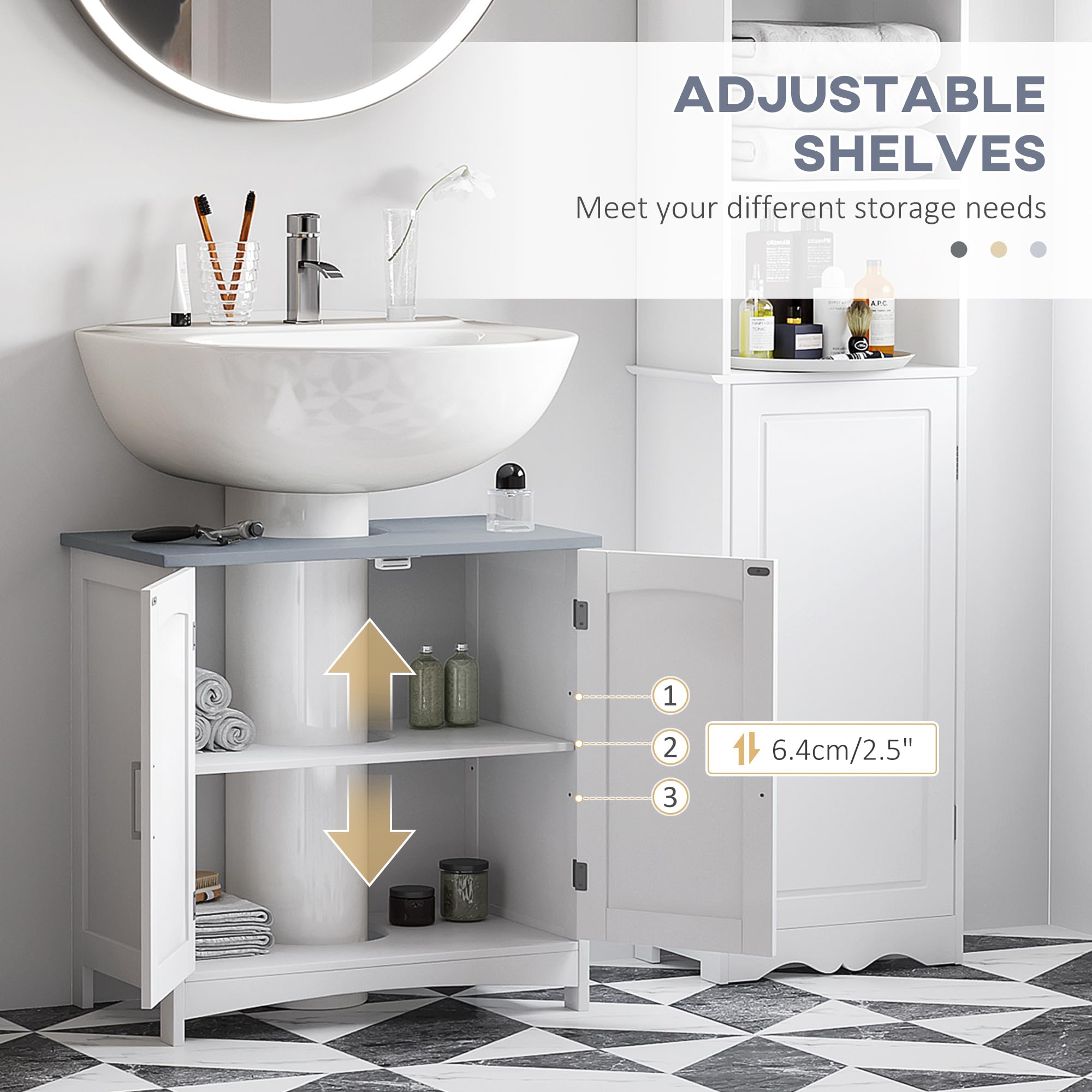 kleankin Pedestal Sink Storage Cabinet, Under Sink Cabinet with Double Doors, Modern Bathroom Vanity Cabinet with Adjustable Shelves, White