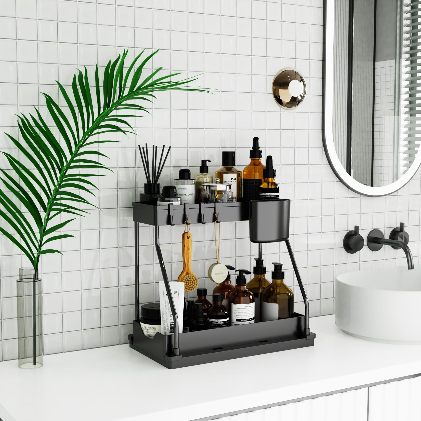 Santoy 2 Pack Under Sink Organizers and Storage, L-Shaped Pull-Out Sink Bathroom Kitchen Organizer with Hooks and Hanging Cup, 2 Tier Under Sink Cabinet Baskets Shelf with Sliding Drawers，Black