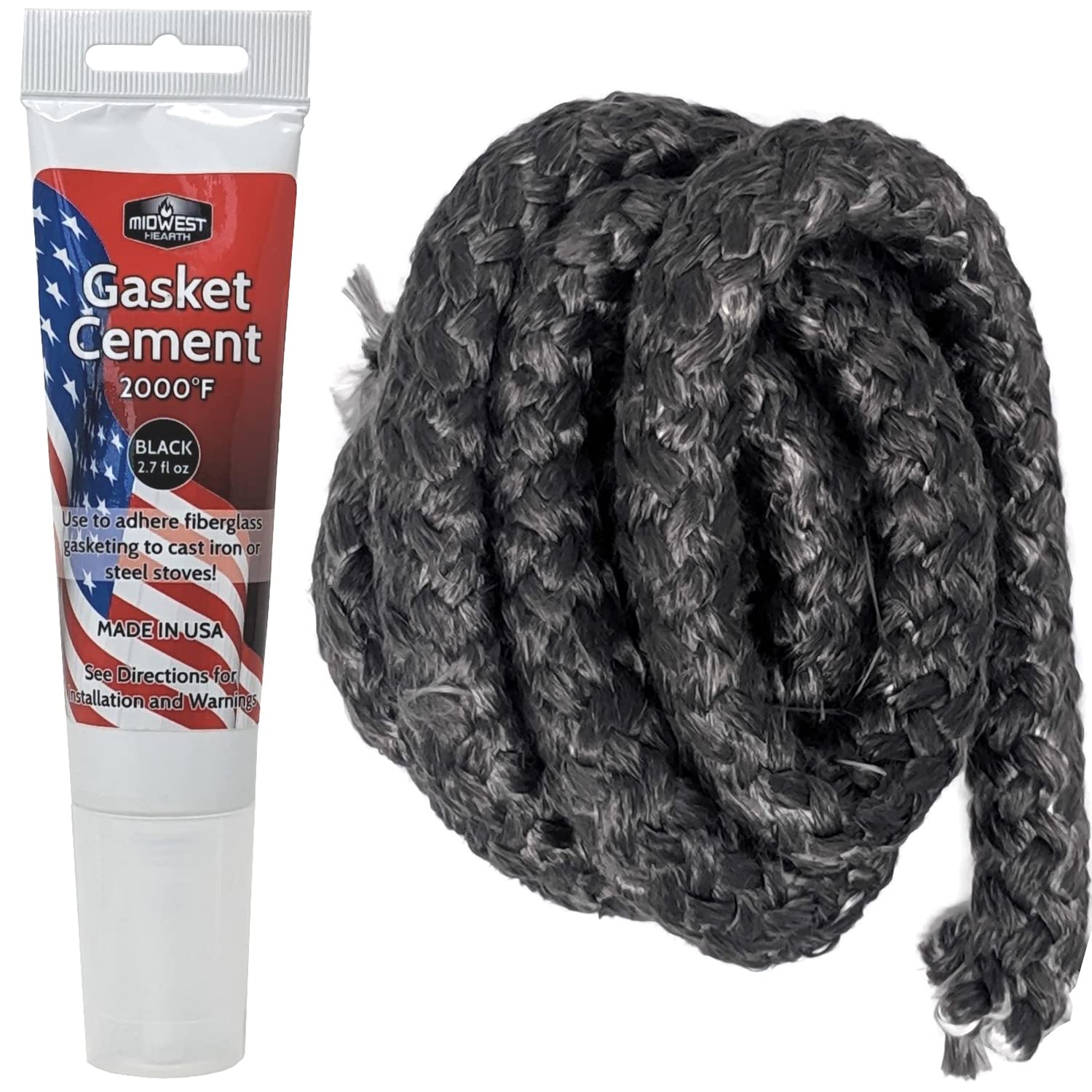 Midwest Hearth Wood Stove Replacement Gasket Kit for Woodburning Stoves - Graphite Impregnated Fiberglass Gaskets and Adhesive (7/8" x 84" Rope)