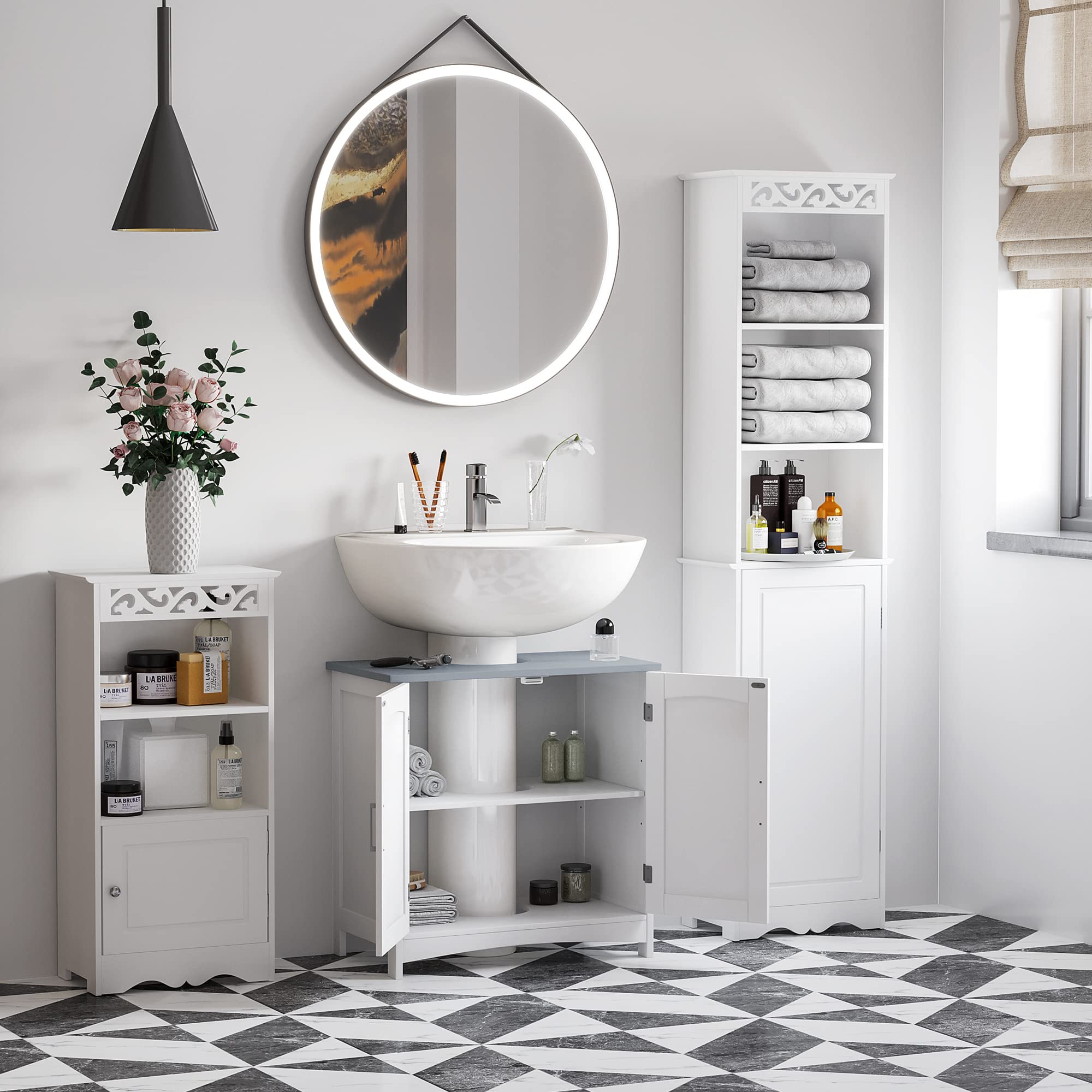 kleankin Pedestal Sink Storage Cabinet, Under Sink Cabinet with Double Doors, Modern Bathroom Vanity Cabinet with Adjustable Shelves, White