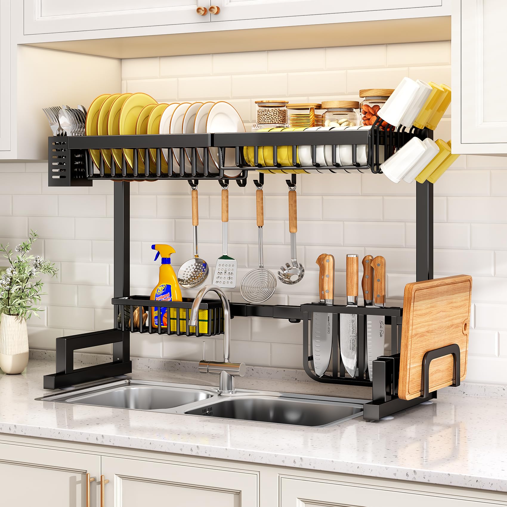 Dish Drying Rack, Over The Sink Dish Drying Rack Length Adjustable (From 33.8" to 41.5"), 2 Tier Large Dish Rack with Cup Holder Utensil Holder Caddy, Kitchen Counter Dish Drainer Organizer, Black