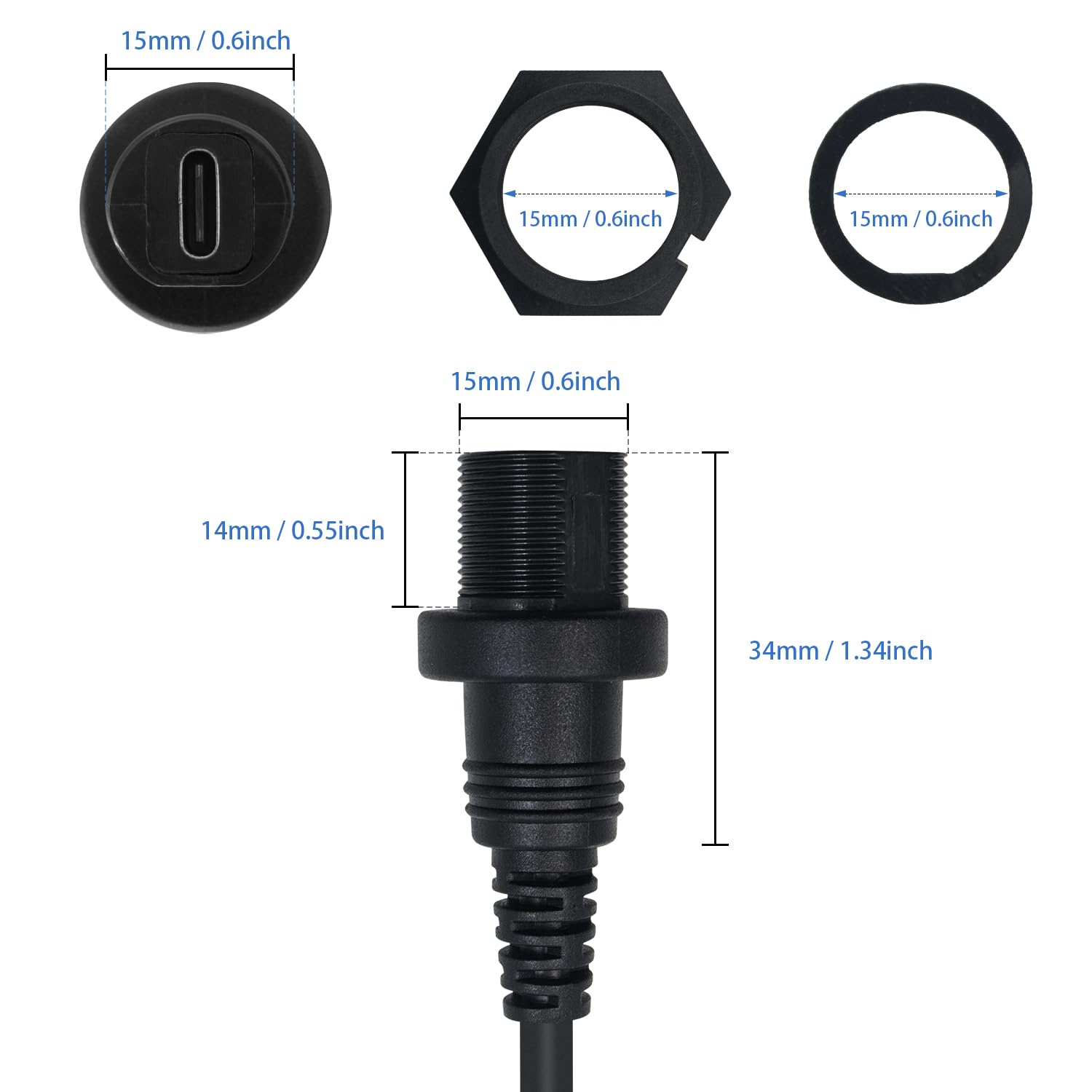 Duttek USB Type C to USB3.0 Panel Flush Waterproof Cable, USB 3.0 Male to Type C 3.0 Female Car Mount Dash Flush Waterproof Extension Cable for Car, Boat, Motorcycle