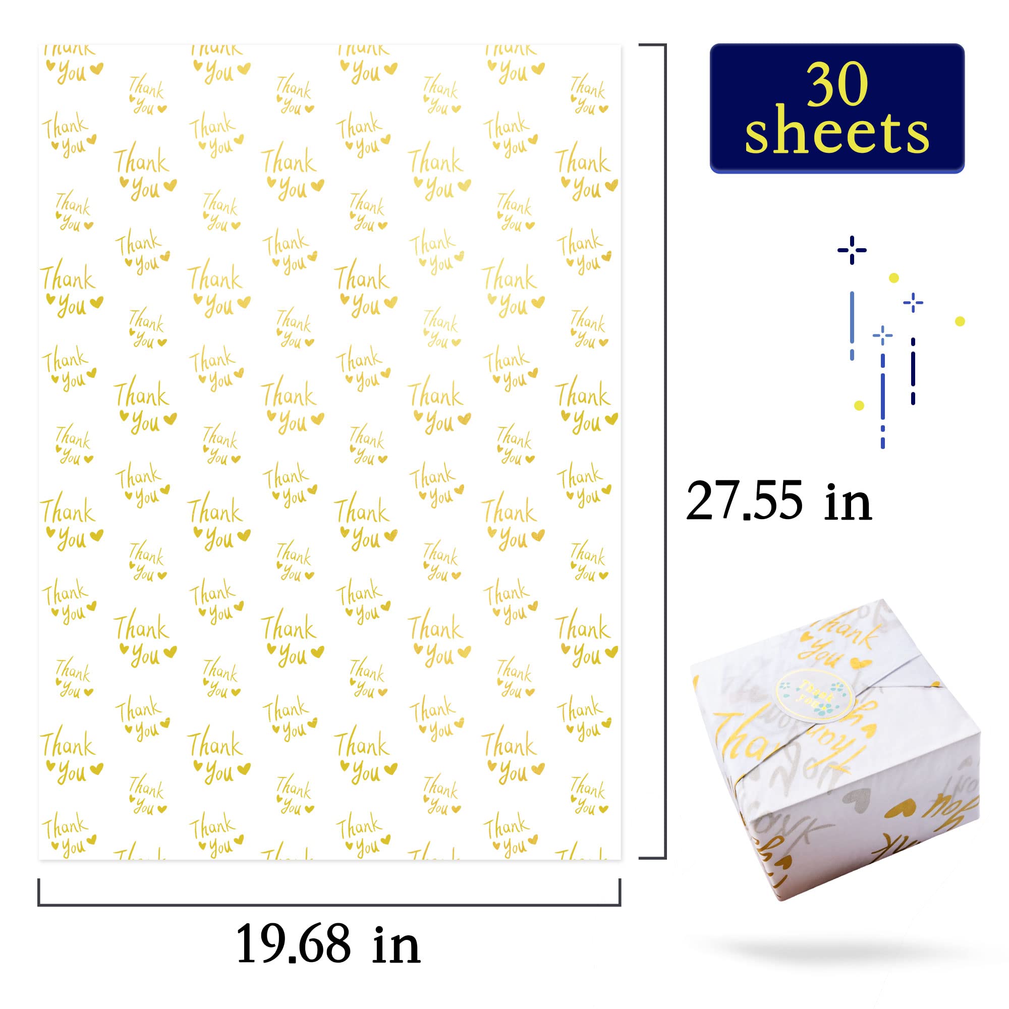 MR FIVE 30 Sheets White with Gold Thank You Tissue Paper Bulk,20" x 28",Thank You Tissue Paper for Packaging,Gift Bags,Gold Gift Wrapping Tissue for Graduation,Birthday,Thanksgiving