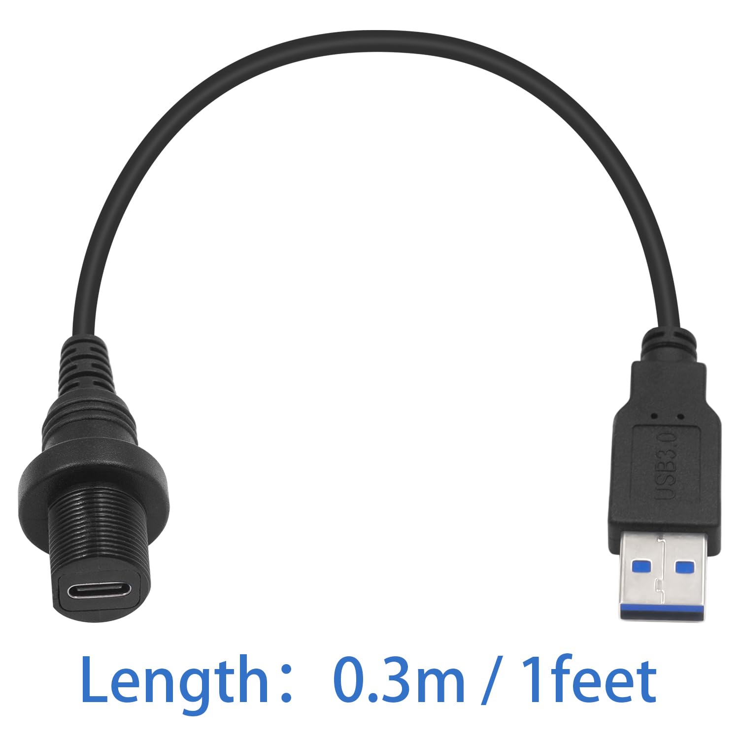Duttek USB Type C to USB3.0 Panel Flush Waterproof Cable, USB 3.0 Male to Type C 3.0 Female Car Mount Dash Flush Waterproof Extension Cable for Car, Boat, Motorcycle