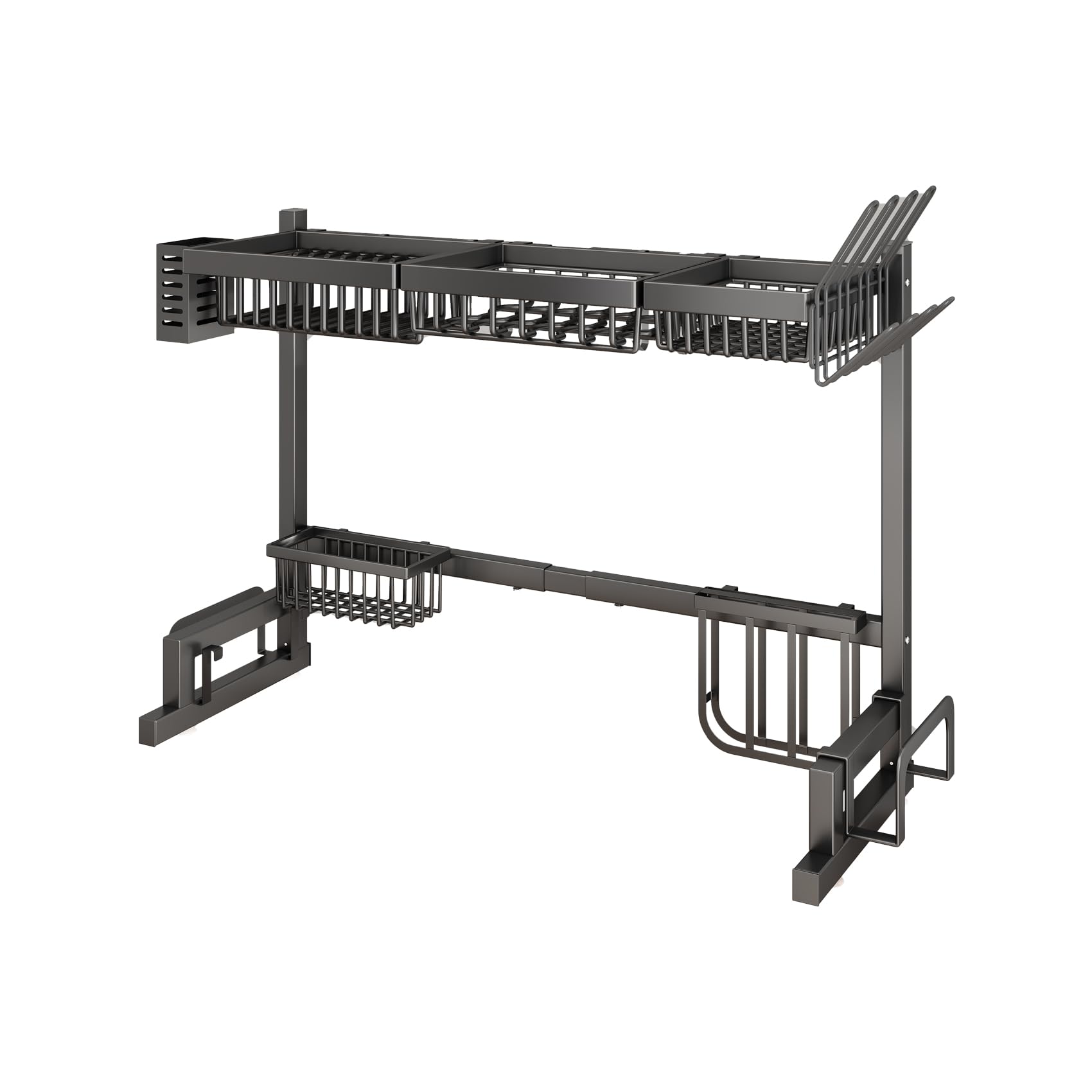 Dish Drying Rack, Over The Sink Dish Drying Rack Length Adjustable (From 33.8" to 41.5"), 2 Tier Large Dish Rack with Cup Holder Utensil Holder Caddy, Kitchen Counter Dish Drainer Organizer, Black