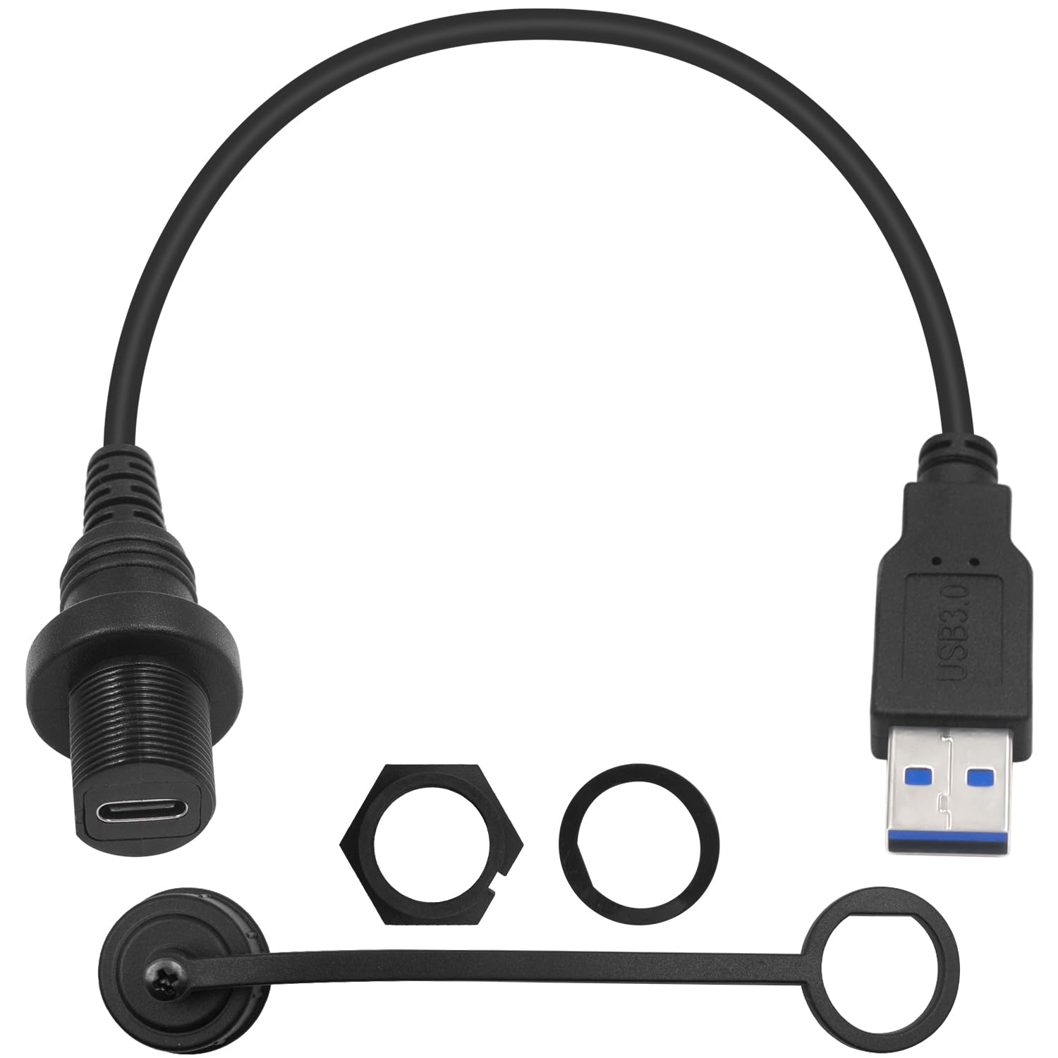 Duttek USB Type C to USB3.0 Panel Flush Waterproof Cable, USB 3.0 Male to Type C 3.0 Female Car Mount Dash Flush Waterproof Extension Cable for Car, Boat, Motorcycle