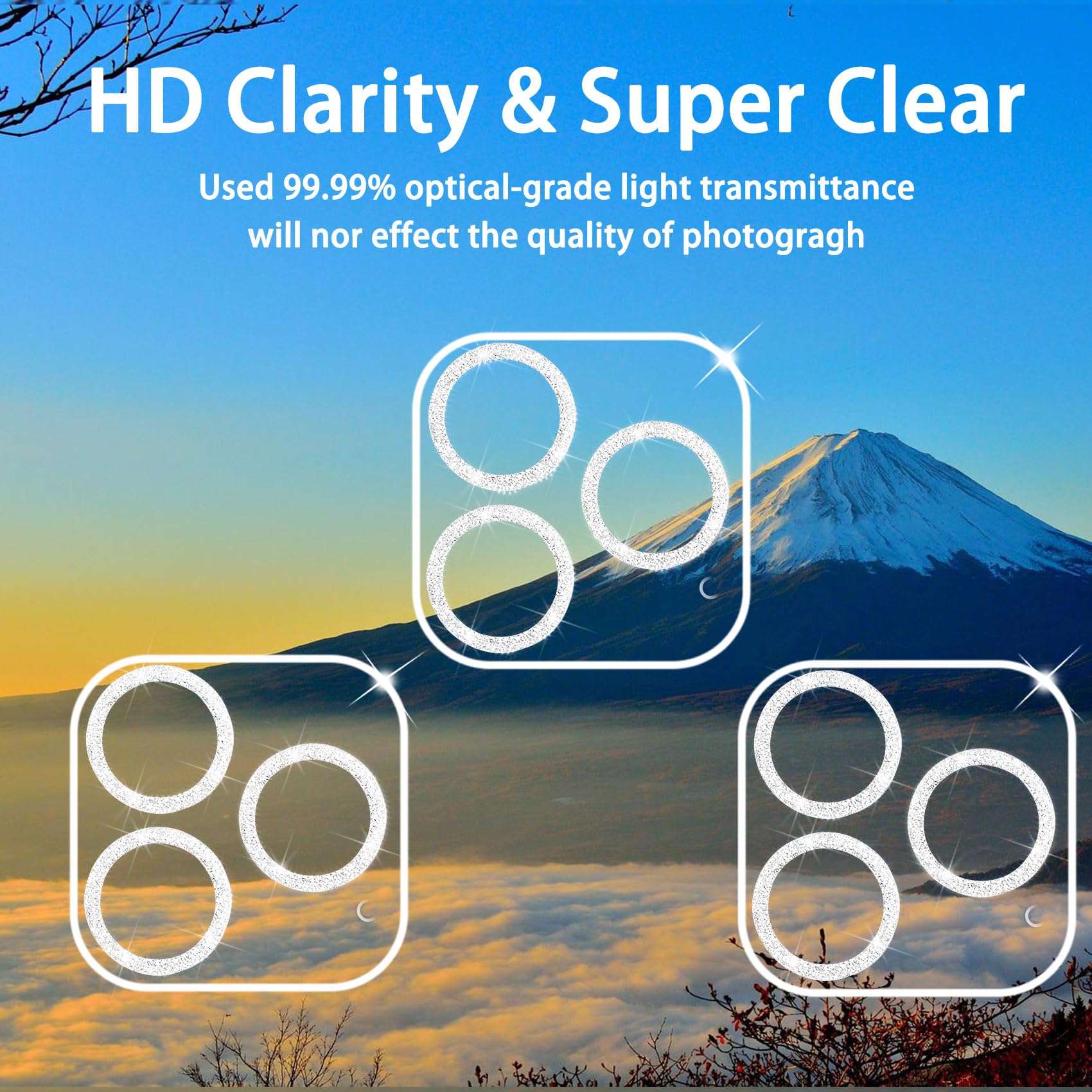 Dengduoduo 【3 Pack】 Tempered Glass Camera Lens Protector for iPhone 14 Pro 6.1" & iPhone 14 Pro Max 6.7", Glitter Bling Diamond, Ultra HD, 9H Hardness, Anti-Scratch, Case Friendly, Easy to Install