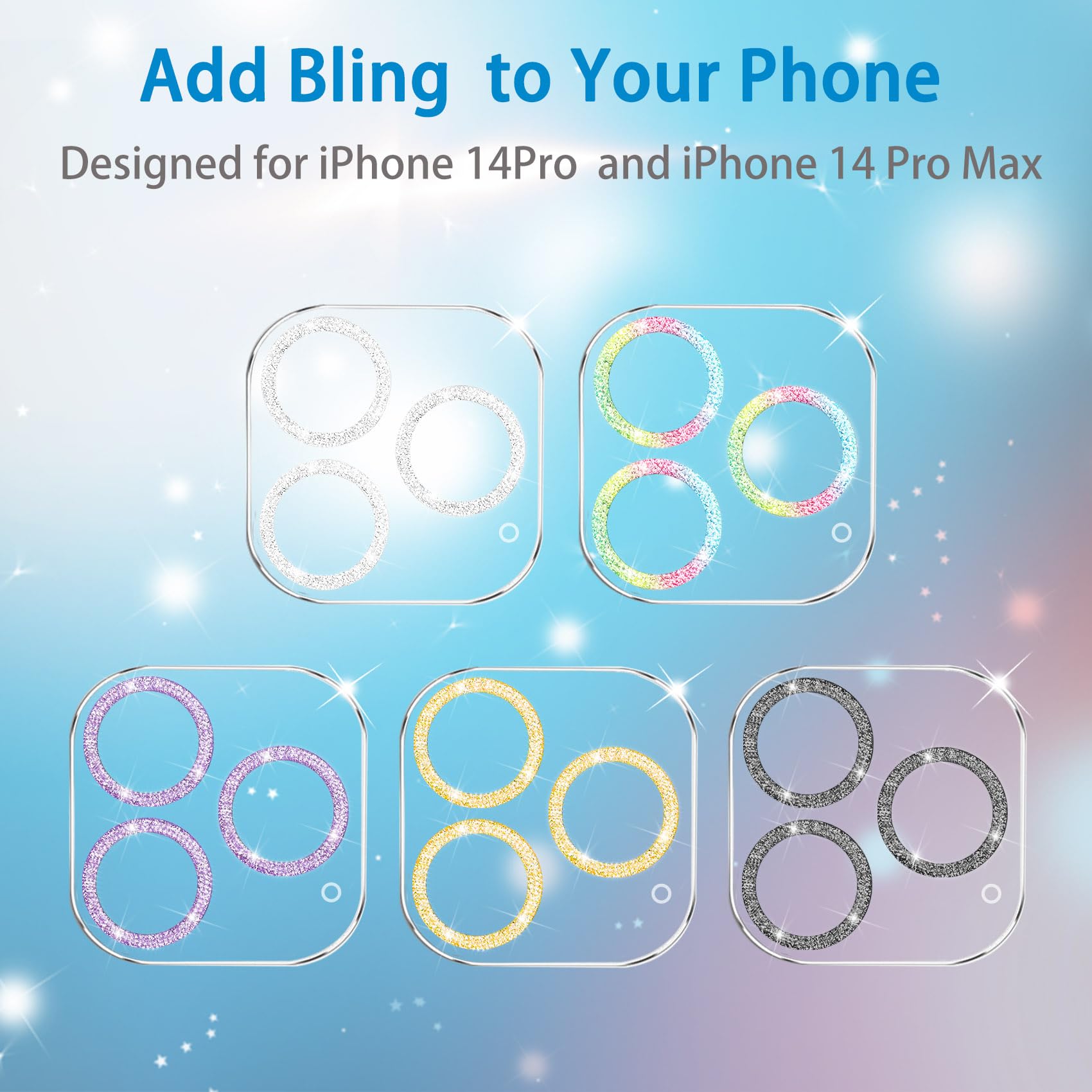 Dengduoduo 【3 Pack】 Tempered Glass Camera Lens Protector for iPhone 14 Pro 6.1" & iPhone 14 Pro Max 6.7", Glitter Bling Diamond, Ultra HD, 9H Hardness, Anti-Scratch, Case Friendly, Easy to Install