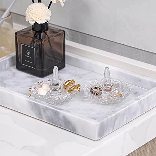 MyGift Clear Glass Ring Cone with Tray, Engagement Wedding Ring Holder with Round Starburst Design, Small Jewelry Ring Dish, Set of 2