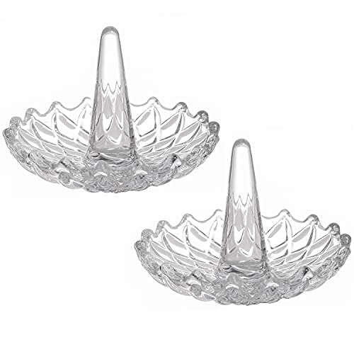 MyGift Clear Glass Ring Cone with Tray, Engagement Wedding Ring Holder with Round Starburst Design, Small Jewelry Ring Dish, Set of 2