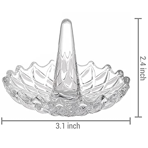 MyGift Clear Glass Ring Cone with Tray, Engagement Wedding Ring Holder with Round Starburst Design, Small Jewelry Ring Dish, Set of 2