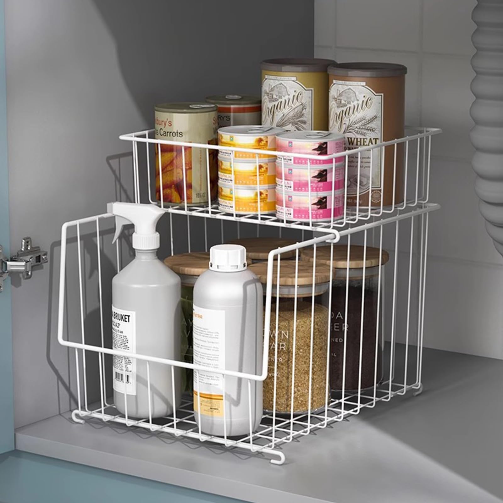 Under Sink Organizers And Storage, Metal Kitchen Sink Organzier 2 Tier Kitchen Sink Organizer For Cabinets Bathroom Kitchen (Color : White, Size : 27.8x35.7x30.5cm)