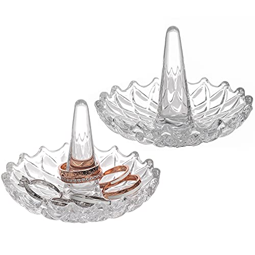 MyGift Clear Glass Ring Cone with Tray, Engagement Wedding Ring Holder with Round Starburst Design, Small Jewelry Ring Dish, Set of 2