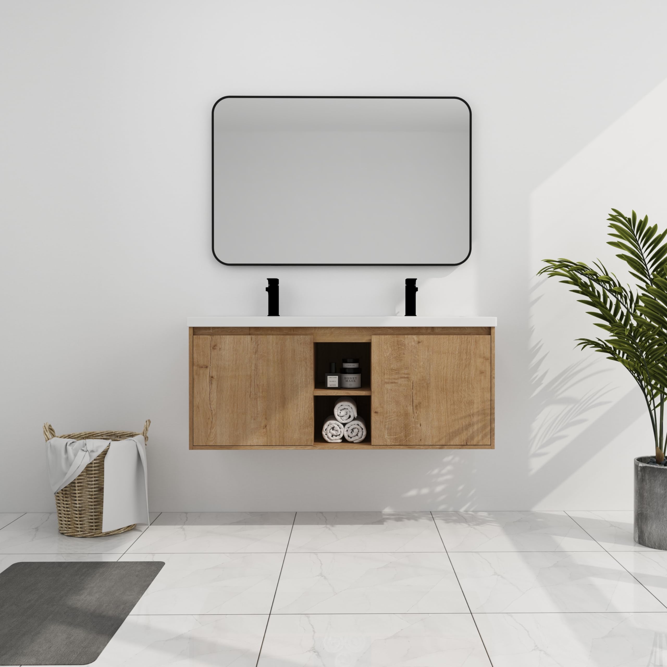 Voohek 48" Wall-Mounted Vanity with Double Sink, 2 Soft Closing Doors and 3 Open Shelves, Cabinet w/ 45° Bevel Handles, Imitative Oak Bathroom Vanity1
