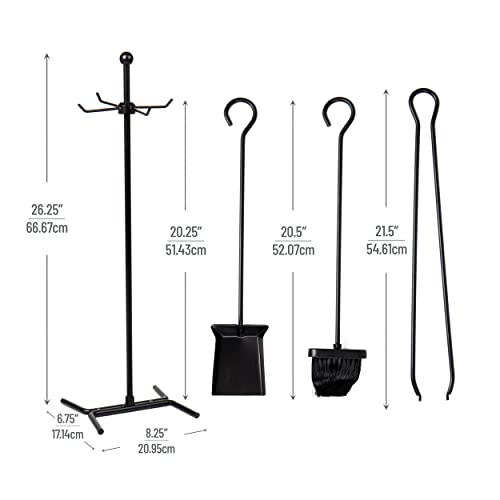 Mind Reader Fireplace Set with Stand, Brush, Shovel Scoop, Poker, Tongs, Steel, 8.25"L x 6.75"W x 26.25"H, 4 Pcs, Black