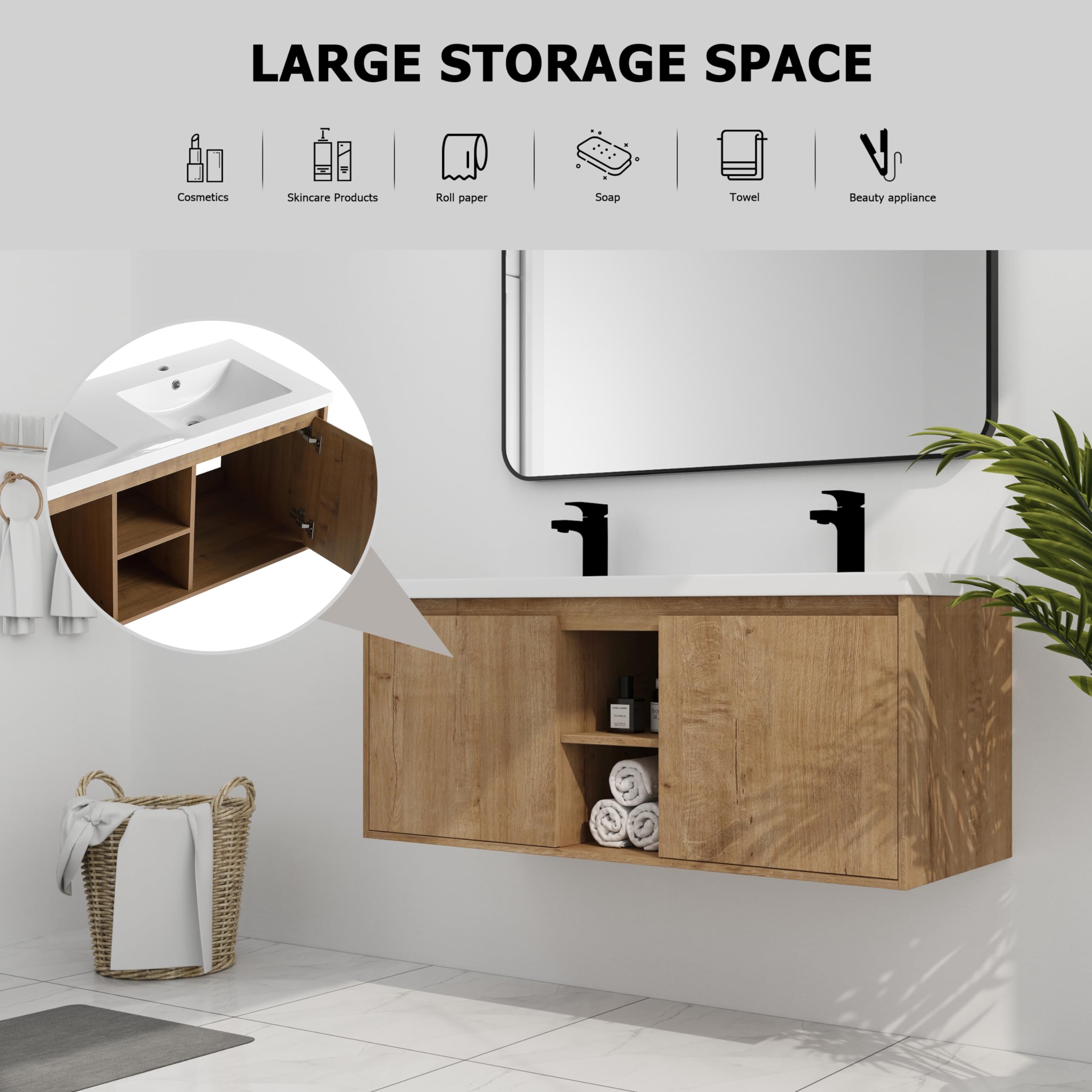 Voohek 48" Wall-Mounted Vanity with Double Sink, 2 Soft Closing Doors and 3 Open Shelves, Cabinet w/ 45° Bevel Handles, Imitative Oak Bathroom Vanity1