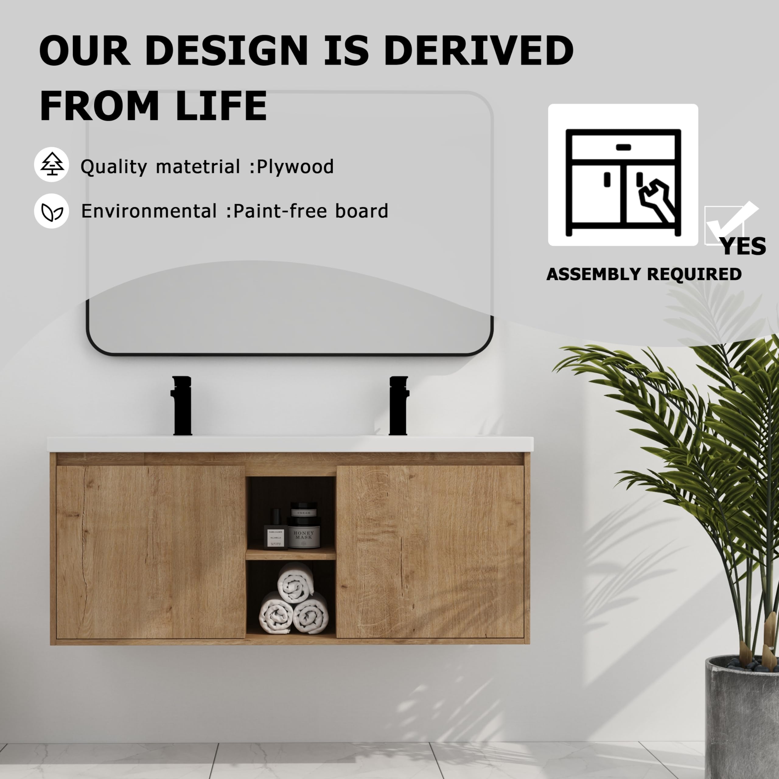 Voohek 48" Wall-Mounted Vanity with Double Sink, 2 Soft Closing Doors and 3 Open Shelves, Cabinet w/ 45° Bevel Handles, Imitative Oak Bathroom Vanity1