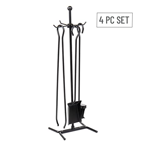 Mind Reader Fireplace Set with Stand, Brush, Shovel Scoop, Poker, Tongs, Steel, 8.25"L x 6.75"W x 26.25"H, 4 Pcs, Black