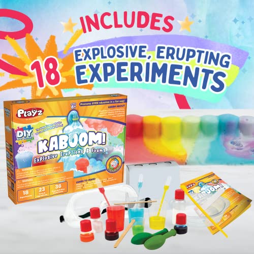 Playz KABOOM! Explosive Eruptions & Foam Bombs - 18+ Fun & Safe STEM Experiments Chemistry Set & Science Kits for Kids Age 8-12. Make Magic Foam, Volcano Eruption, & Glow In The Dark Chemical Reaction