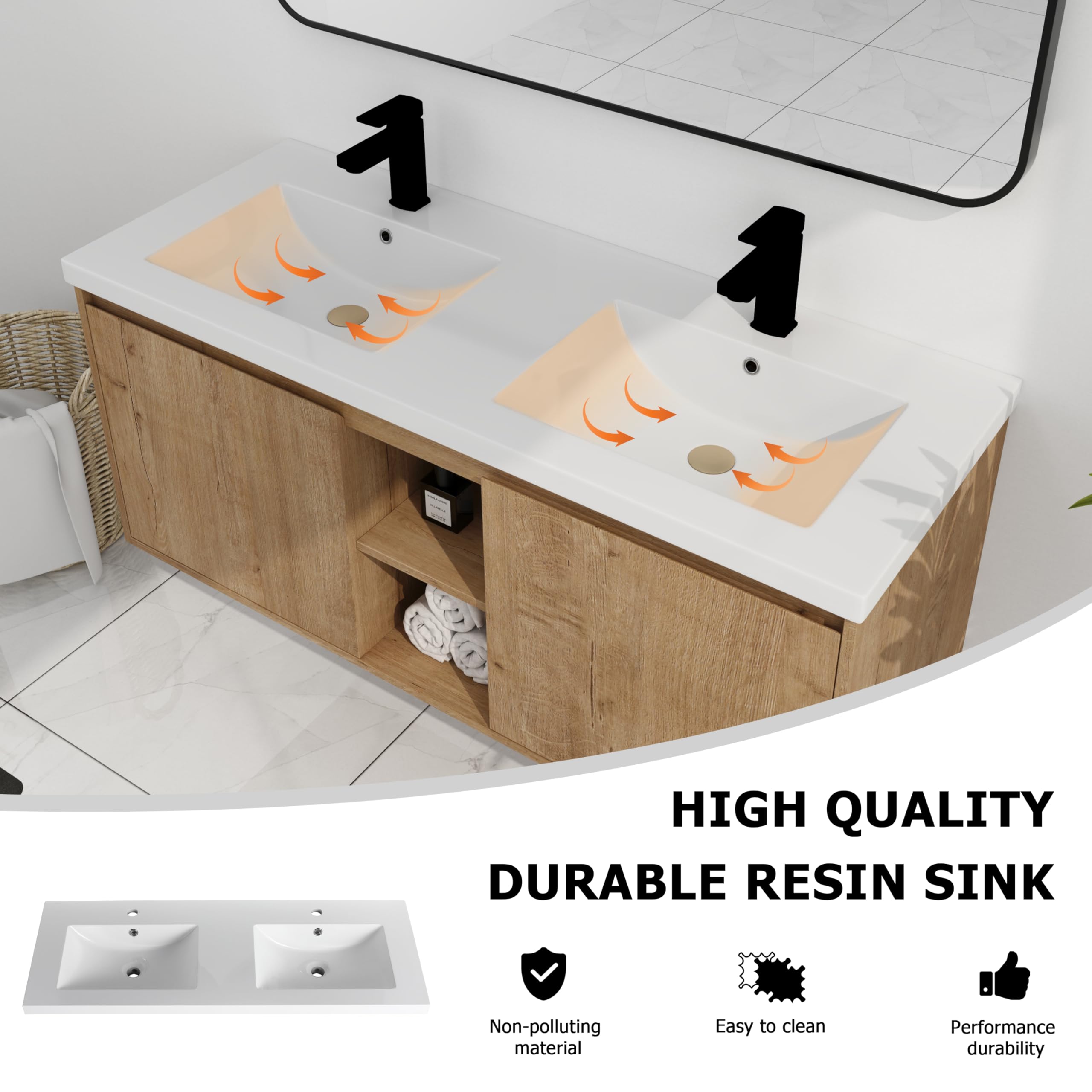 Voohek 48" Wall-Mounted Vanity with Double Sink, 2 Soft Closing Doors and 3 Open Shelves, Cabinet w/ 45° Bevel Handles, Imitative Oak Bathroom Vanity1