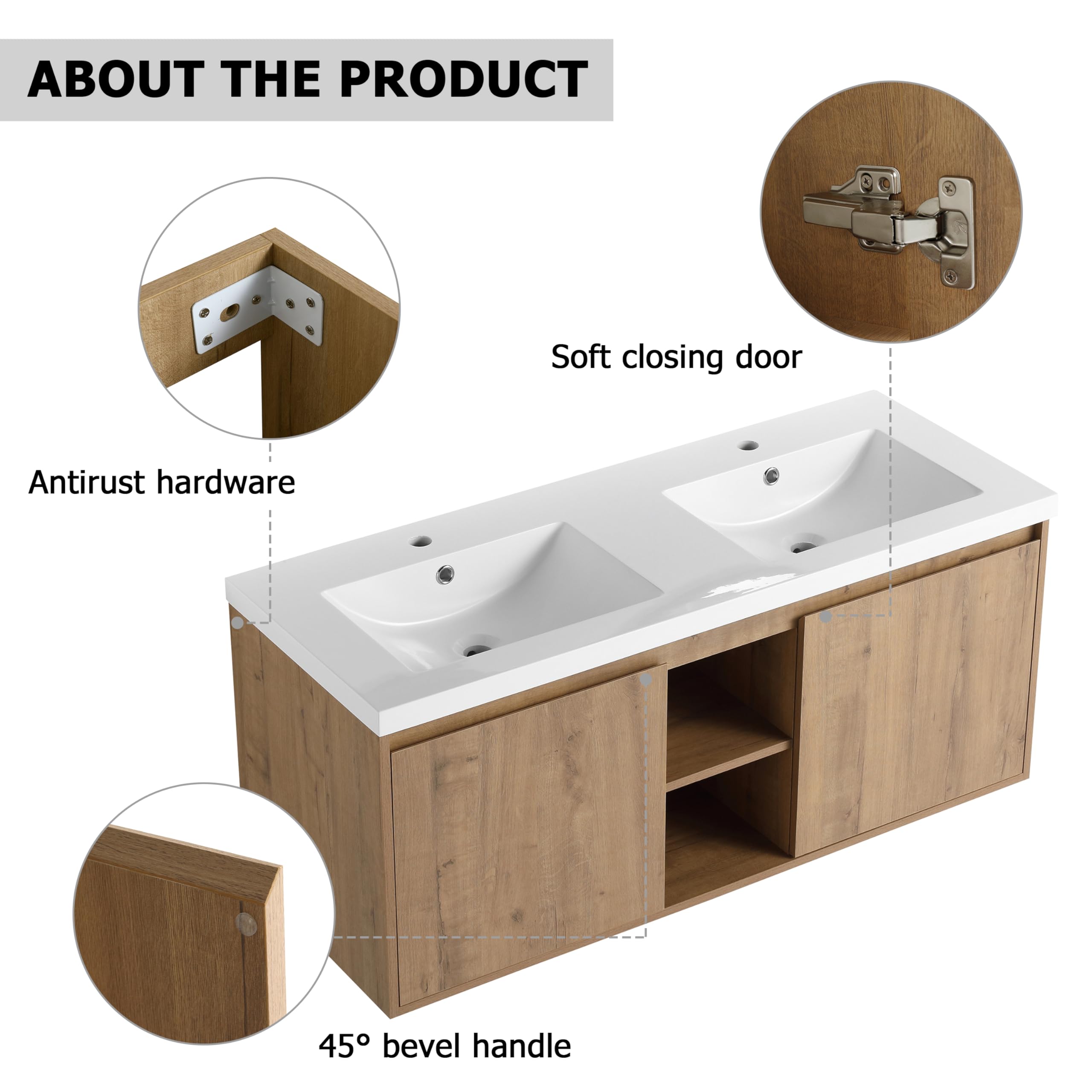 Voohek 48" Wall-Mounted Vanity with Double Sink, 2 Soft Closing Doors and 3 Open Shelves, Cabinet w/ 45° Bevel Handles, Imitative Oak Bathroom Vanity1