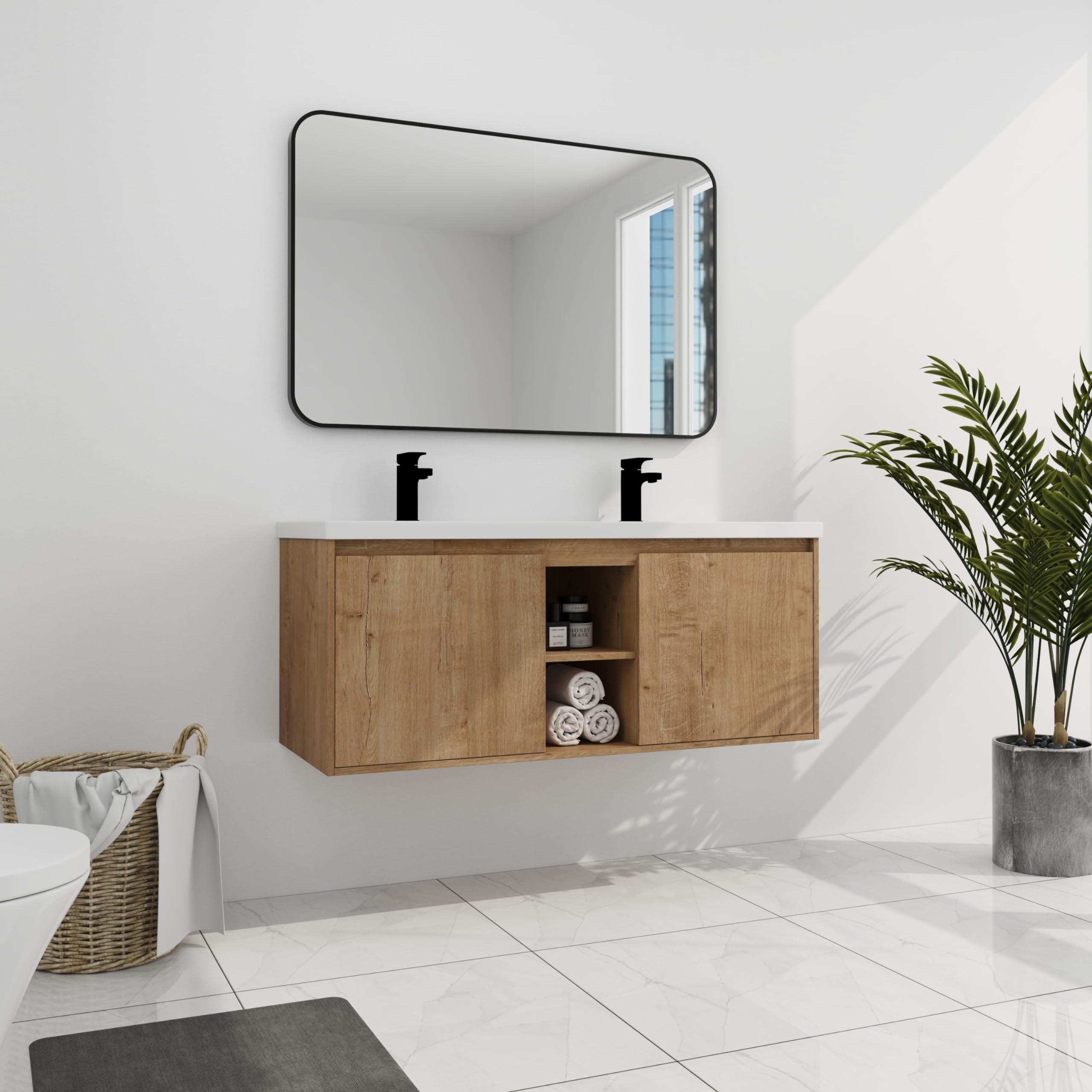 Voohek 48" Wall-Mounted Vanity with Double Sink, 2 Soft Closing Doors and 3 Open Shelves, Cabinet w/ 45° Bevel Handles, Imitative Oak Bathroom Vanity1