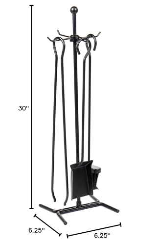 Mind Reader Fireplace Set with Stand, Brush, Shovel Scoop, Poker, Tongs, Steel, 8.25"L x 6.75"W x 26.25"H, 4 Pcs, Black