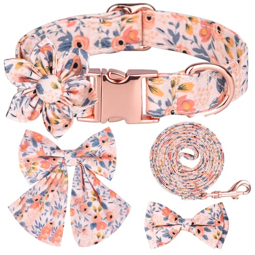 5PCS Girl Dog Collar and Leash Sets,BOZILY Cute Dog Collars Set for Female Dogs,Adjustable Puppy Collars,Safety Metal Buckle (S)