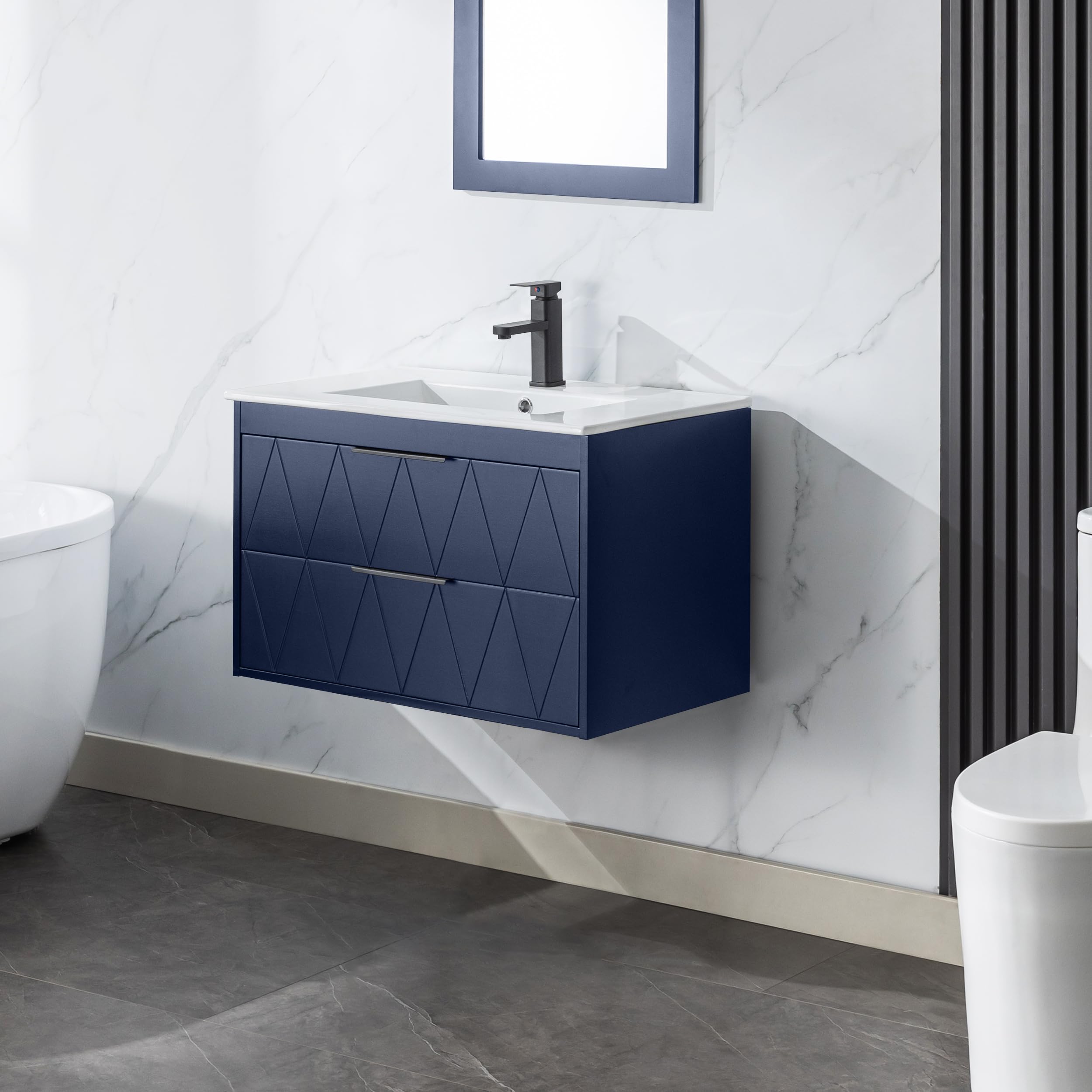 eclife 30" Bathroom Vanities Cabinet with Sink Combo, Wall Mounted Floating Cabinet W/Decor Line, Soft-Close System, 2 Extra Big Drawers