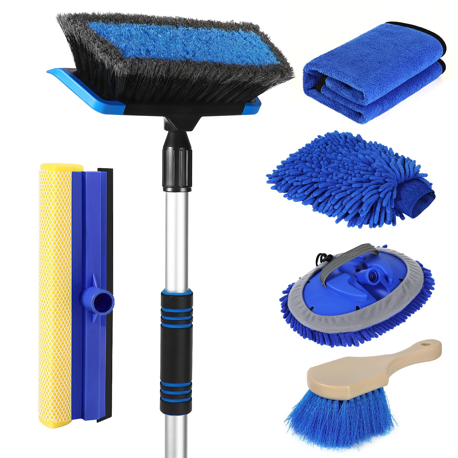 Lsyomne 62'' Car Wash Brush with Long Handle, Scratch-Free Soft Bristles Sturdy Car Wash Brush, Complete Cleaning Kit with Car Wash Mop Mitt Towel Windshield Squeegee Wheel Tire Brush for Car Truck RV