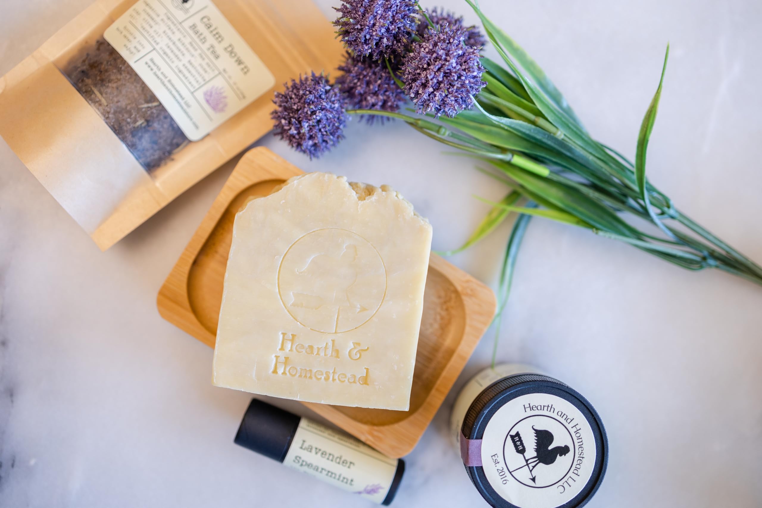 Hearth and Homestead: Calm Down Lavender Gift Set: Handmade and Organic Tallow Balm, Lip Balm, Olive oil Soap, Magnesium Bath Tea Soak