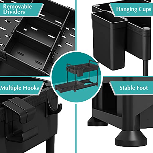 SAMODRA Under Sink Organizers and Storage, Kitchen Cabinet Storage 2 Tier Drawer Pull-able Basket Organizer Bathroom Storage Rack with Hooks, DIY Removable Dividers (Black-2 Pack)